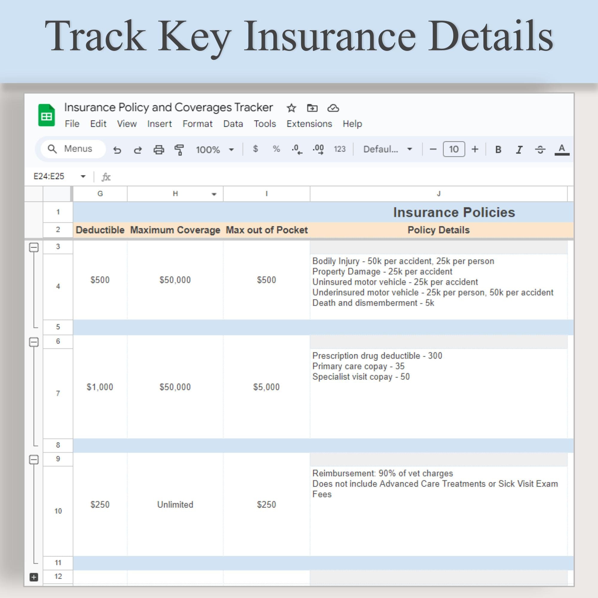 Insurance Policy and Coverage Tracker Excel and Google Sheet - Etsy