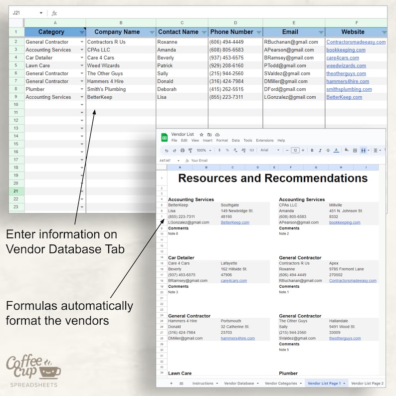 Vendor Contact List Google Sheet and Excel Template Database - Etsy