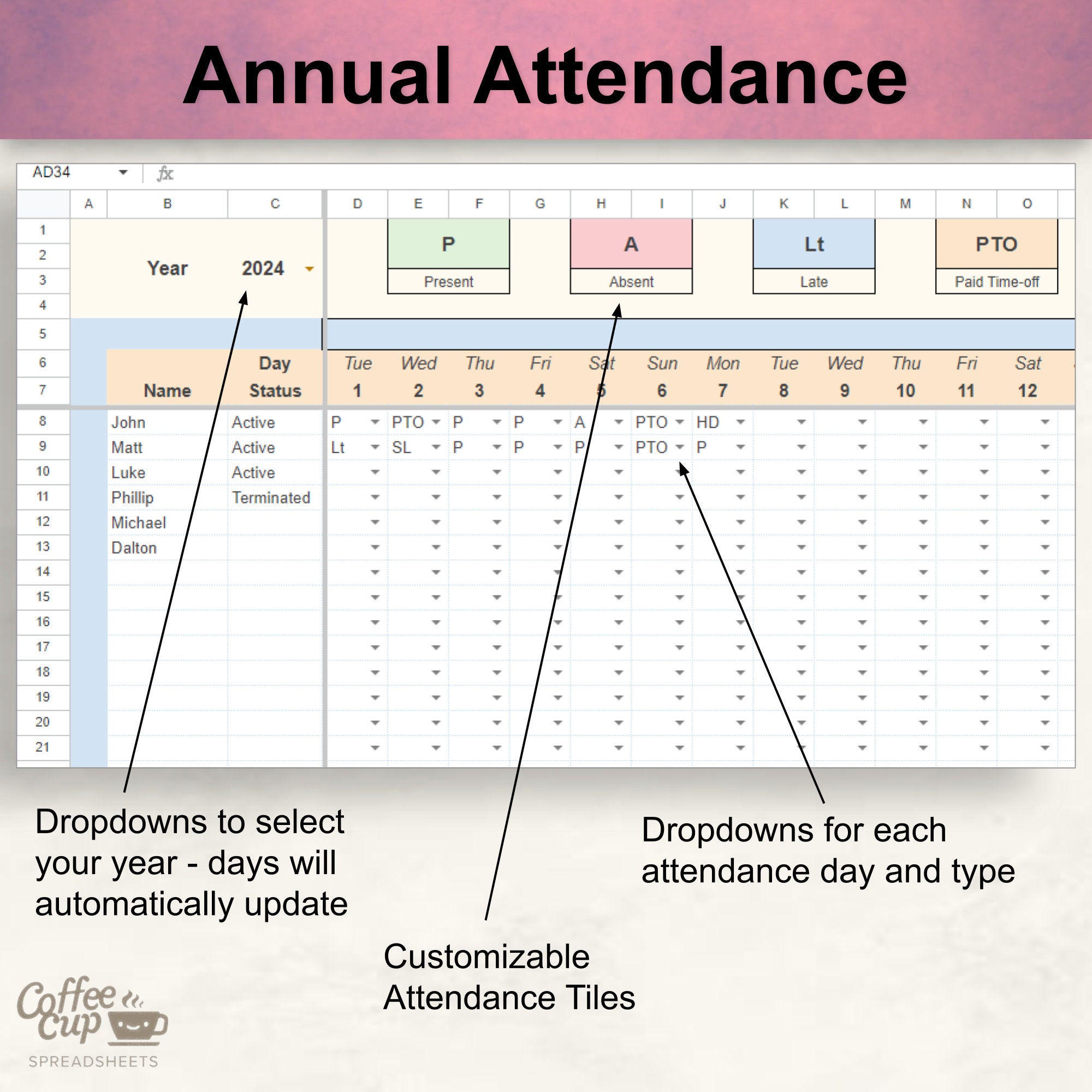 Employee or Class Attendance and Absence Tracker Google Sheet and Excel ...