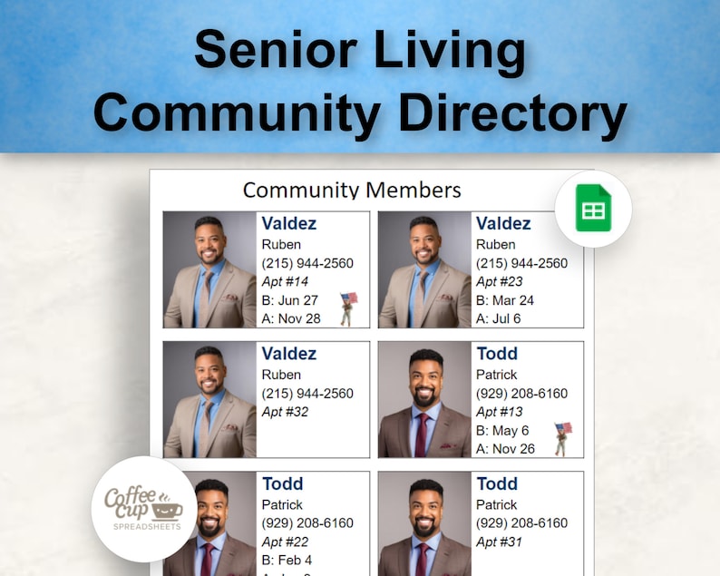 Senior Living Community Photo Directory | Customizable Google Sheet - Etsy