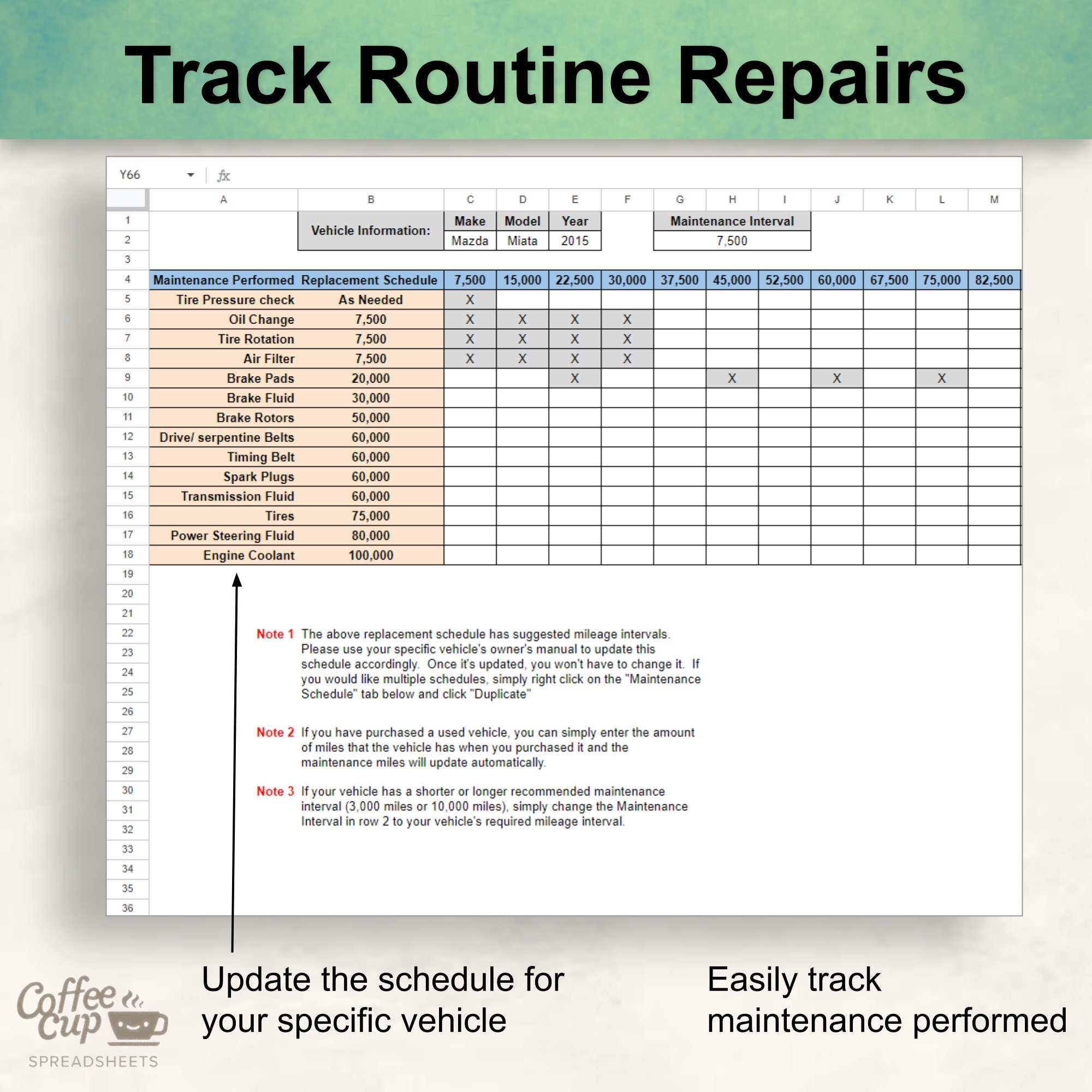 Simple Printable Car Maintenance Log Google Sheets and Excel - Etsy