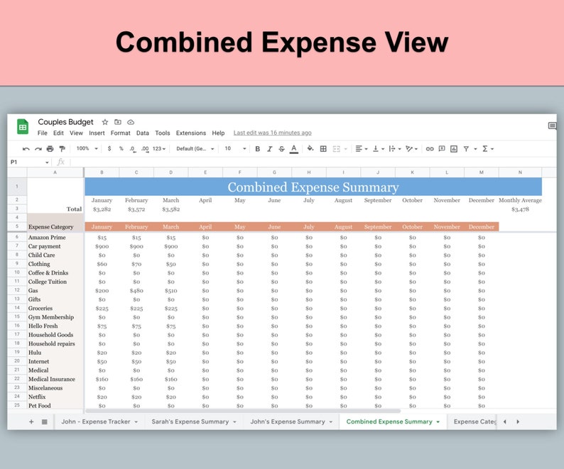 Couples Budget Google Sheet Shared and Individual Expense Trackers - Etsy