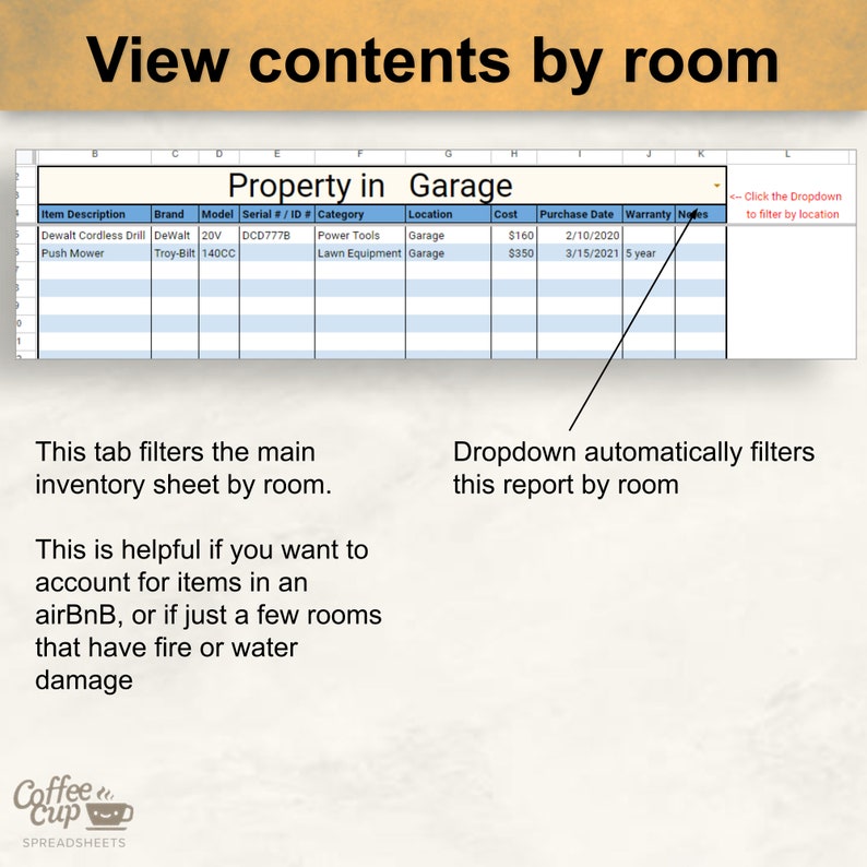 Personal Property Inventory List: Google Sheets & Excel Home Inventory ...