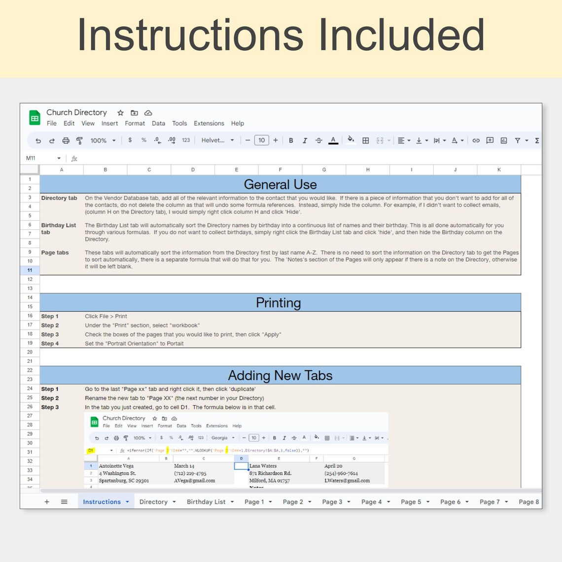 Church Directory Template Google Sheet - Editable | Birthday and ...