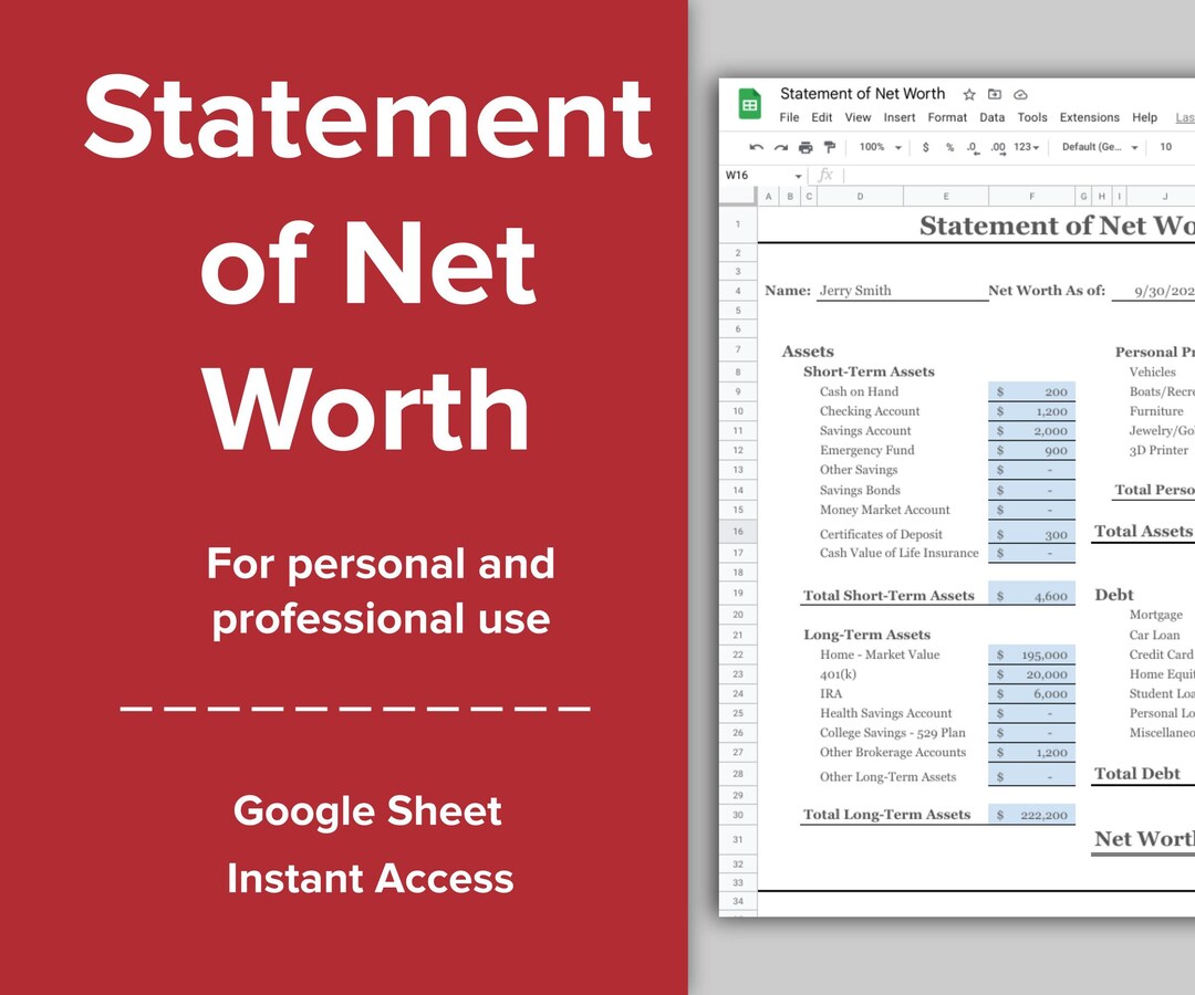 Statement of Net Worth Google Sheet | Financial Planning Spreadsheet ...