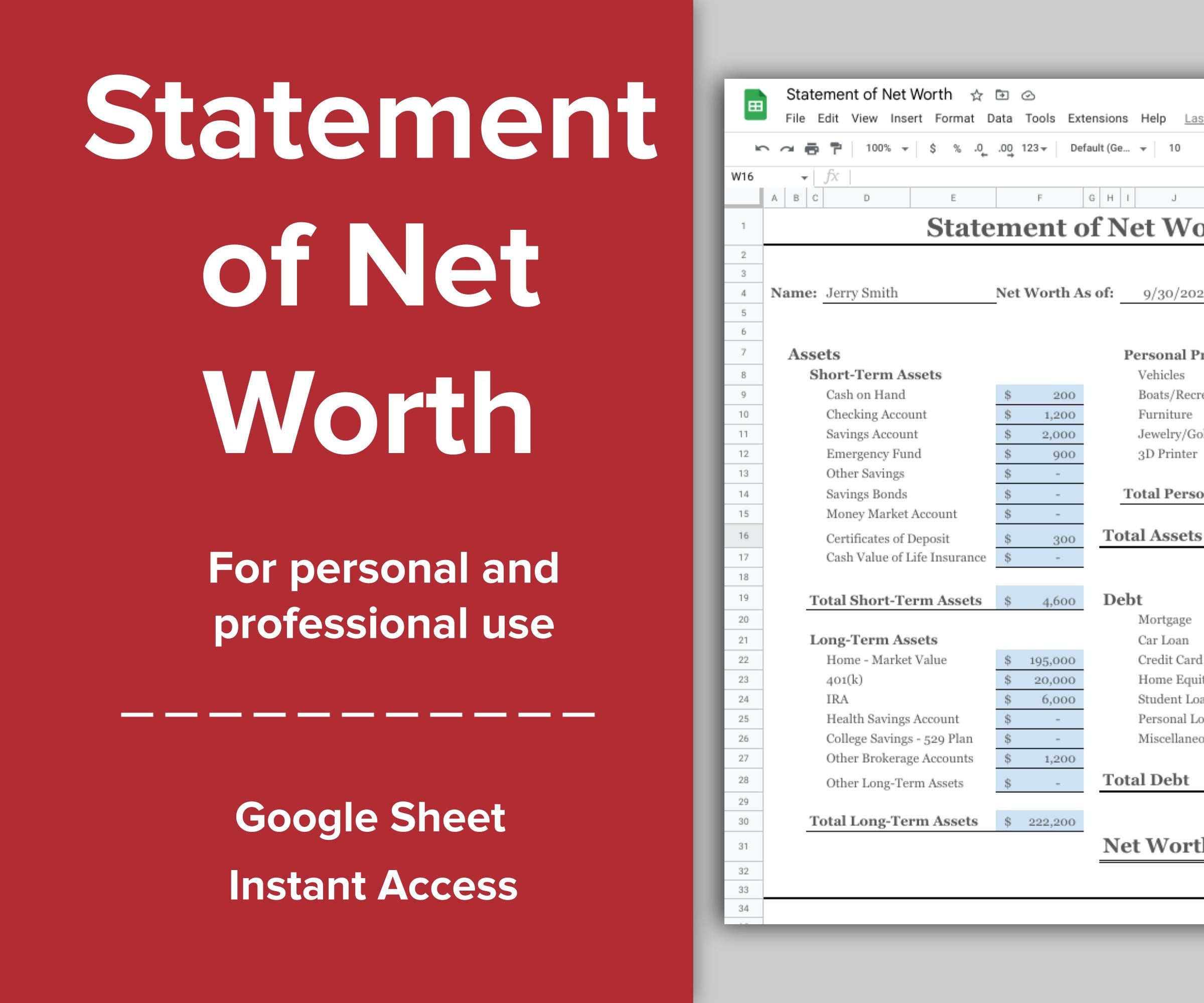 Statement of Net Worth Google Sheet | Financial Planning Spreadsheet ...
