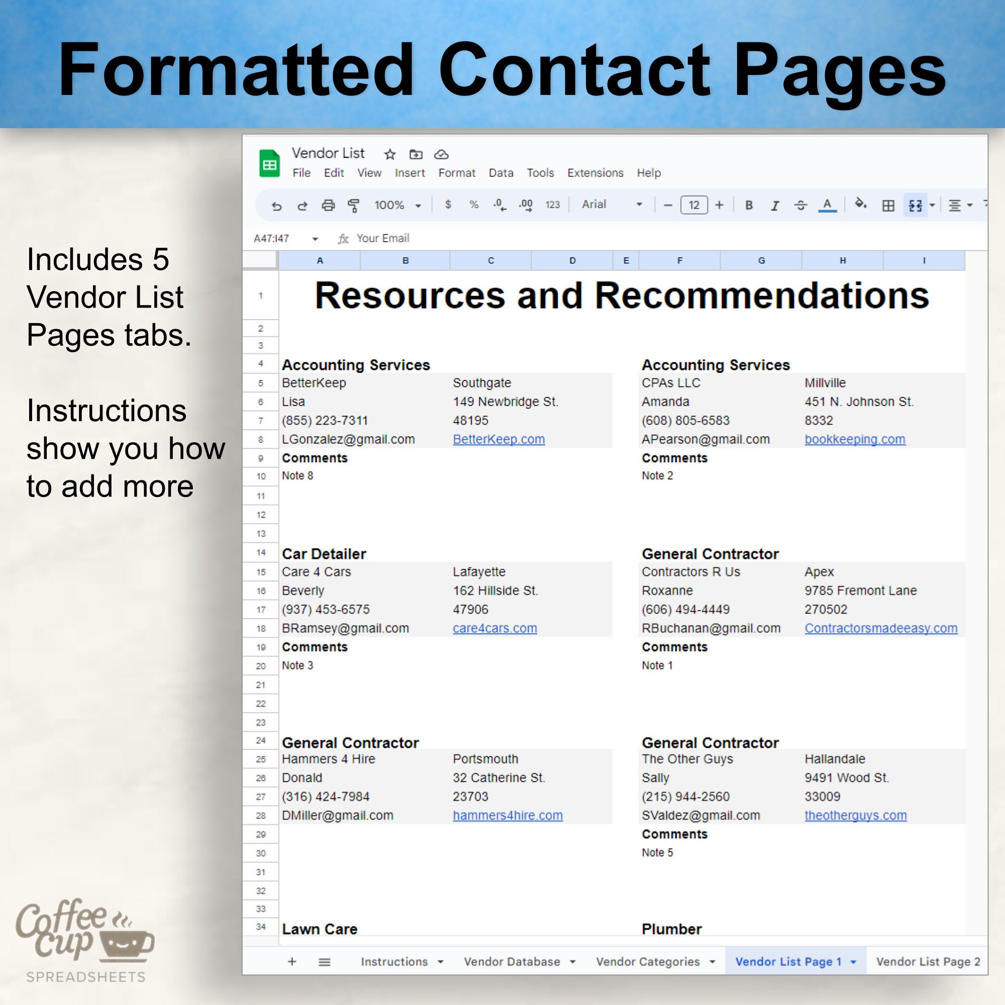 Vendor Contact List Google Sheet and Excel Template Database - Etsy