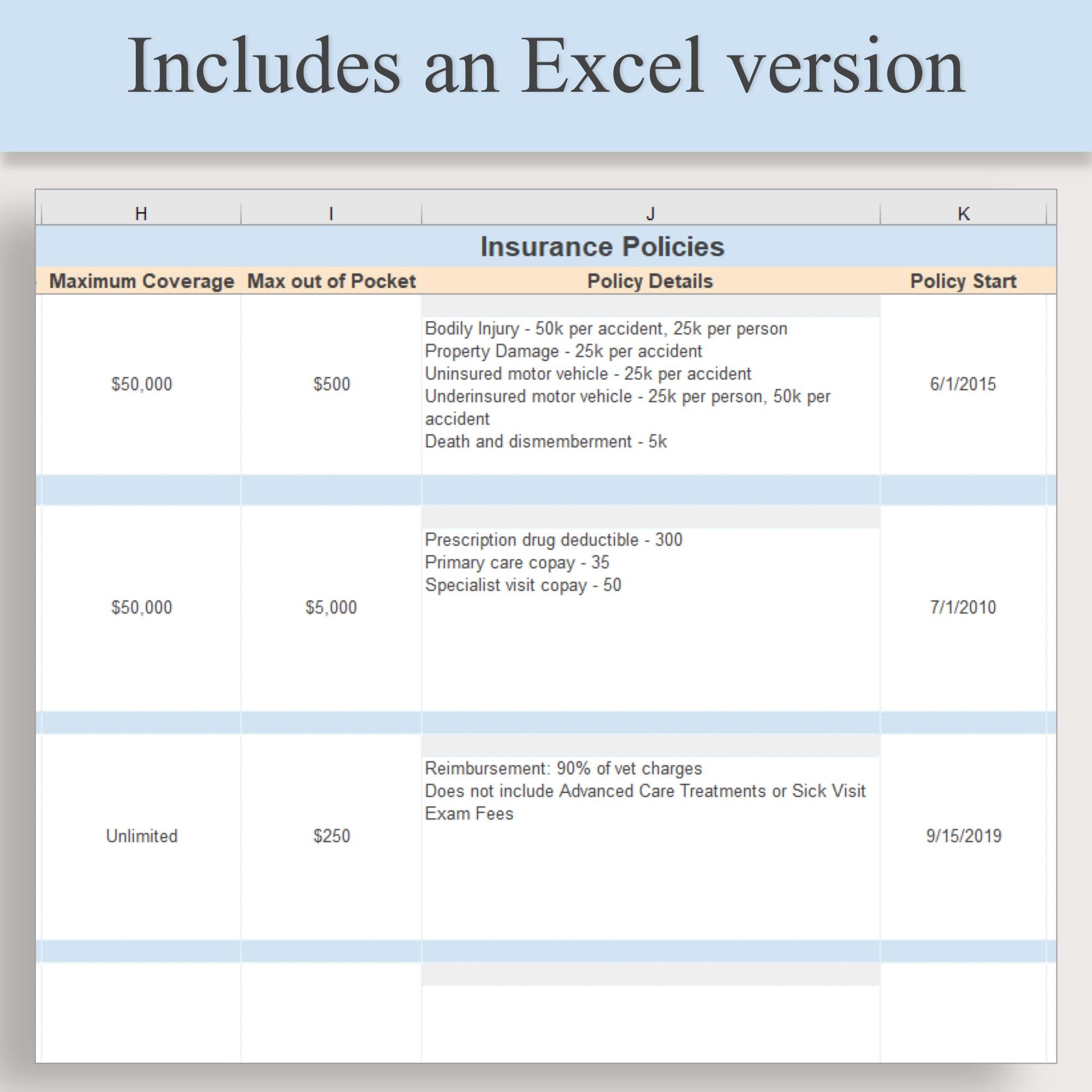 Insurance Policy and Coverage Tracker Excel and Google Sheet - Etsy