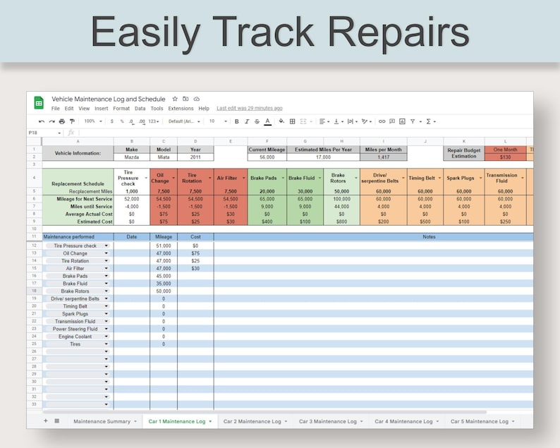 Car Maintenance Tracker Excel Spreadsheet and Google Sheet - Etsy