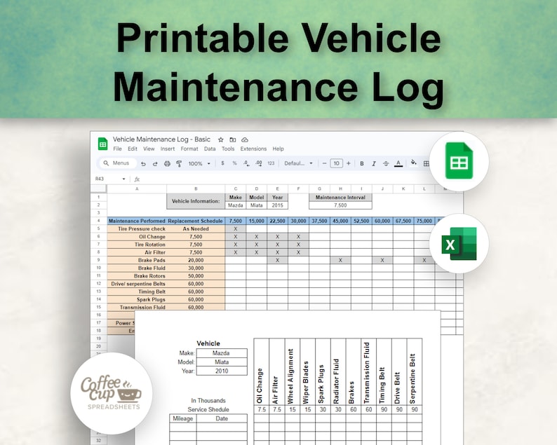 Simple Printable Car Maintenance Log Google Sheets and Excel - Etsy