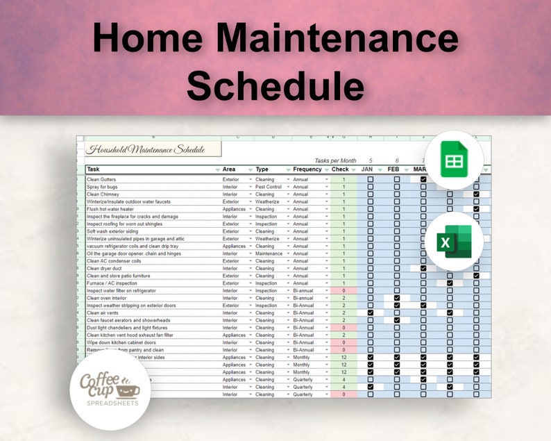Home Maintenance Tracker Excel and Google Sheet - Recurring Home ...