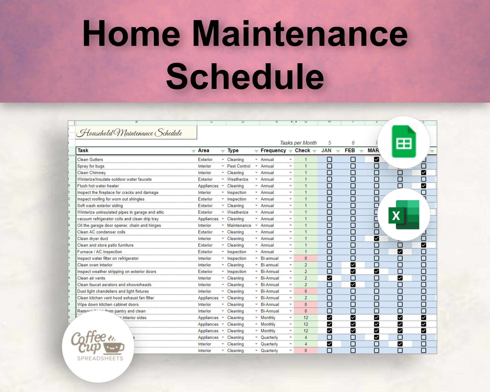 Home Maintenance Tracker Excel and Google Sheet - Recurring Home ...