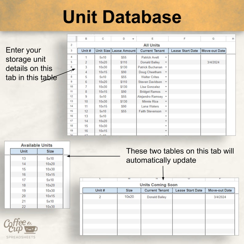 Self Storage Unit Rent Roll: Monthly/annual Tracker Google Sheets ...