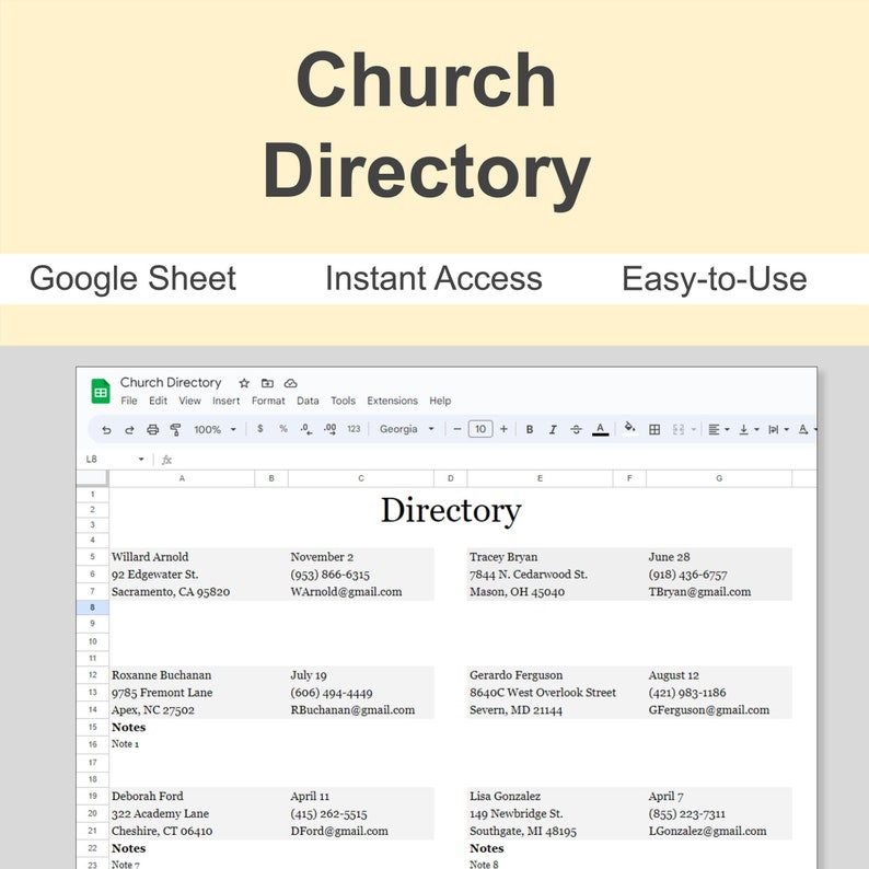 Church Directory Template Google Sheet - Editable | Birthday and ...