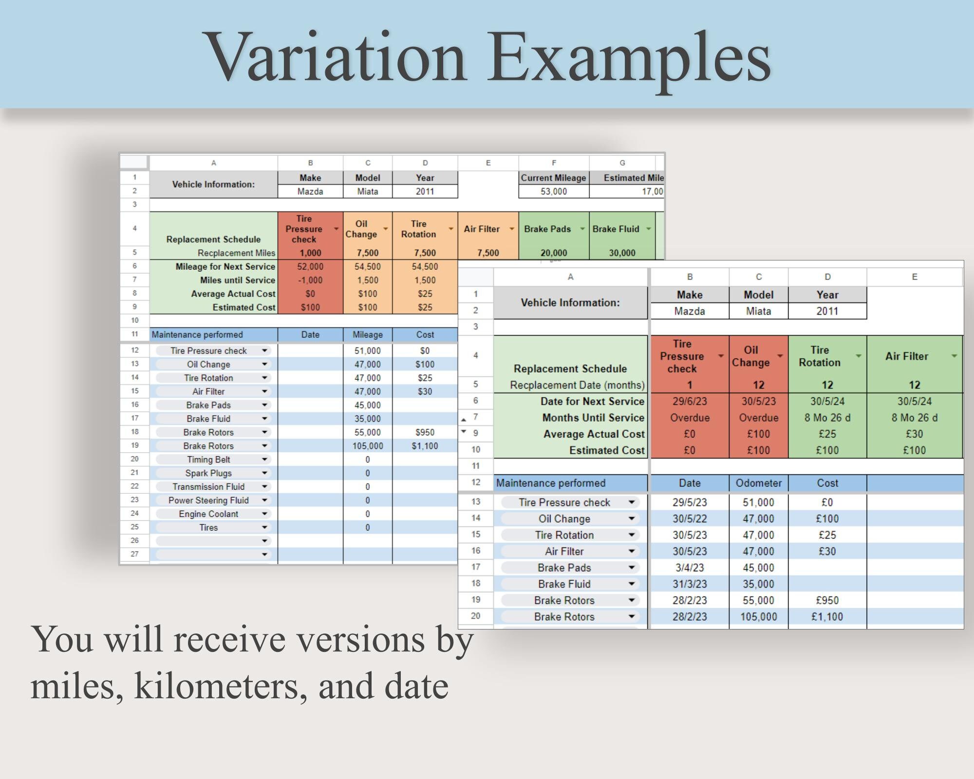 Car Maintenance Tracker Google Sheet and Excel Automotive Repair ...