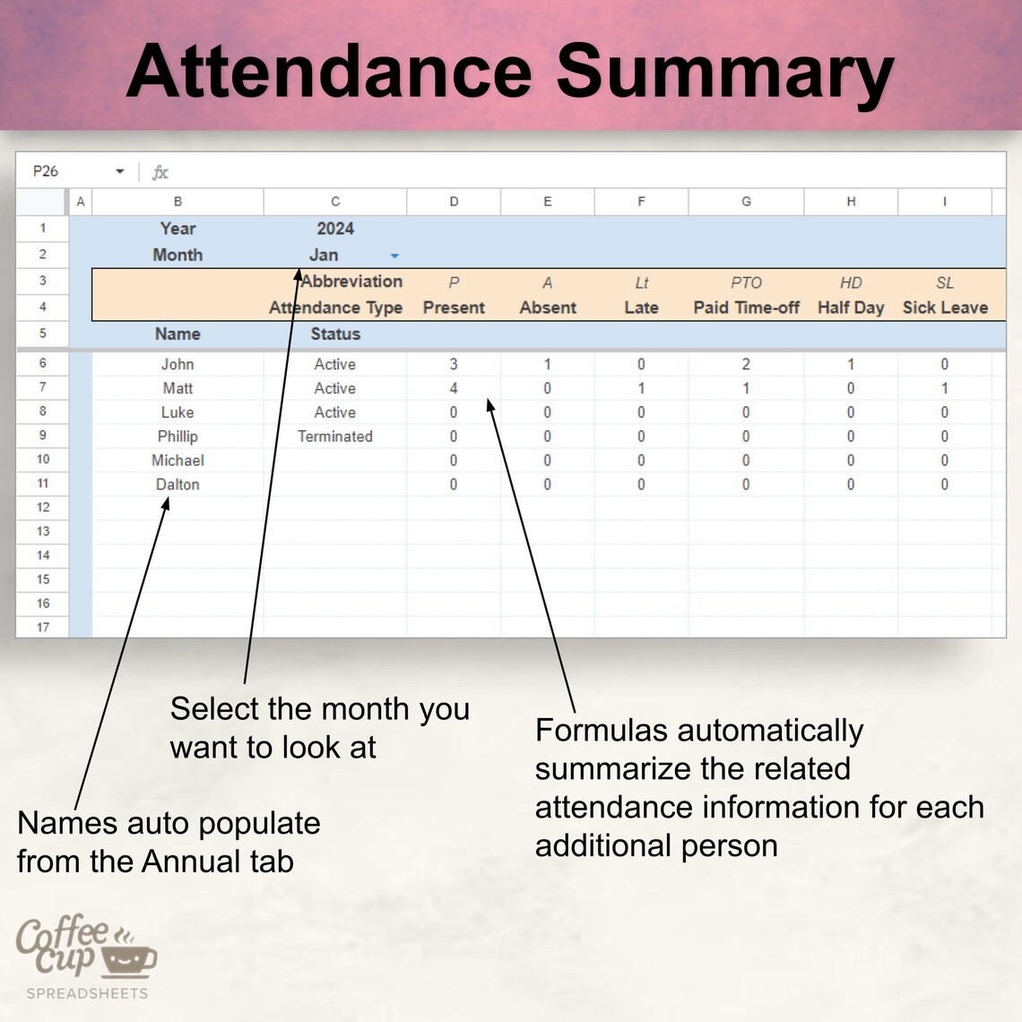 Employee or Class Attendance and Absence Tracker Google Sheet and Excel ...