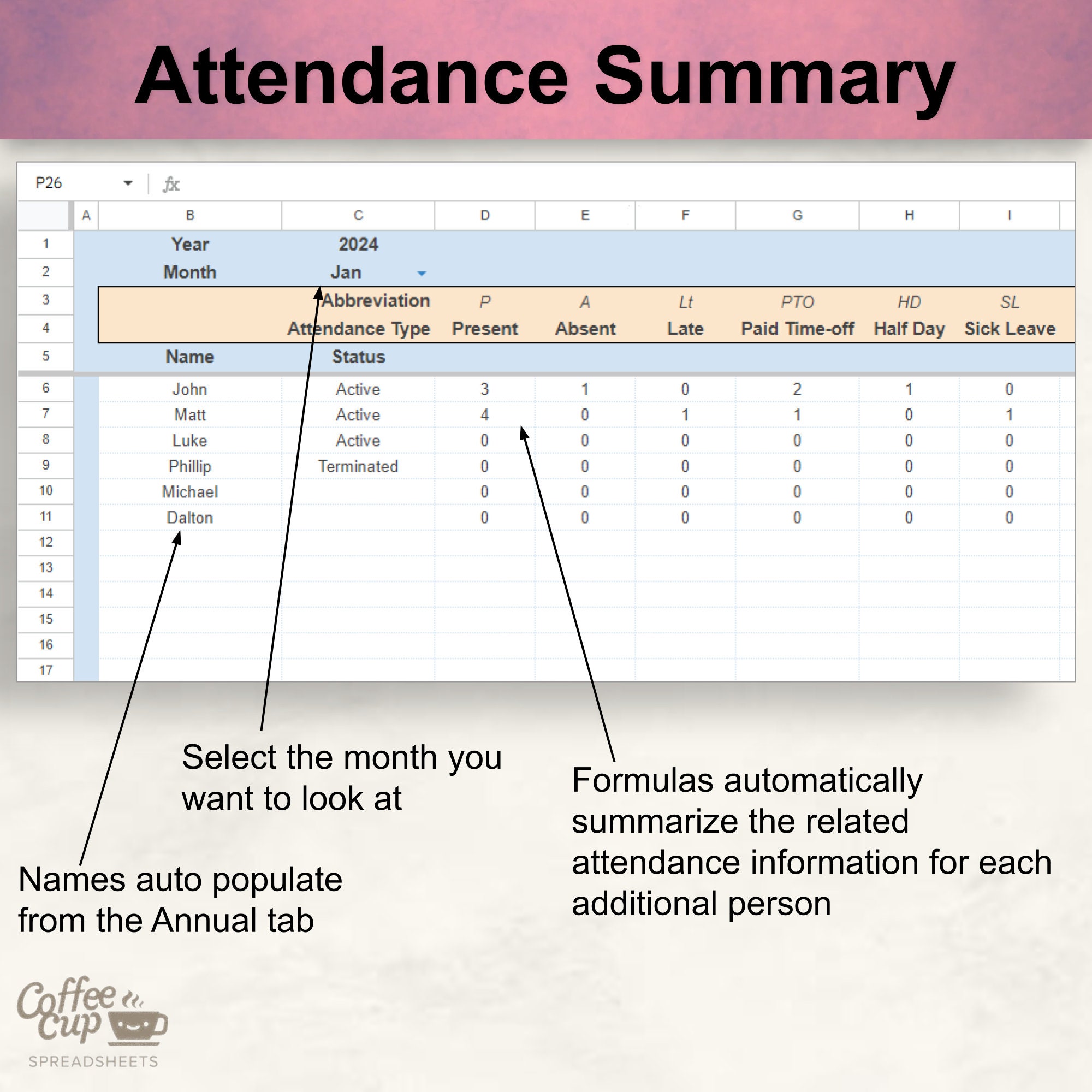 Employee or Class Attendance and Absence Tracker Google Sheet and Excel ...