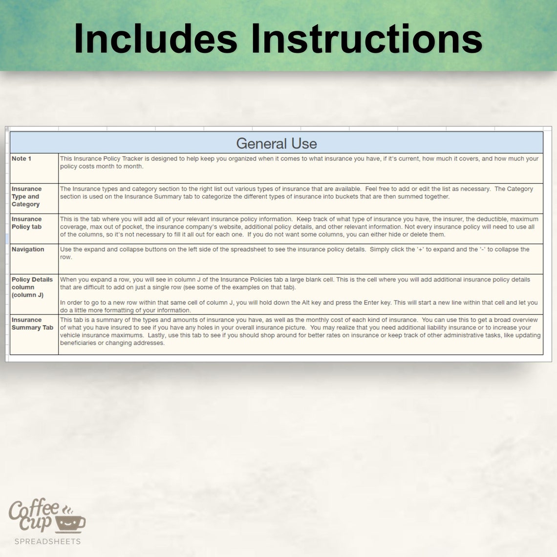 Insurance Policy and Coverage Tracker Excel and Google Sheet - Etsy