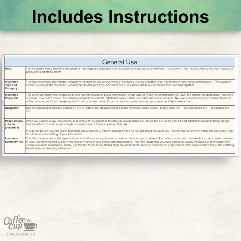 Insurance Policy and Coverage Tracker Excel and Google Sheet - Etsy