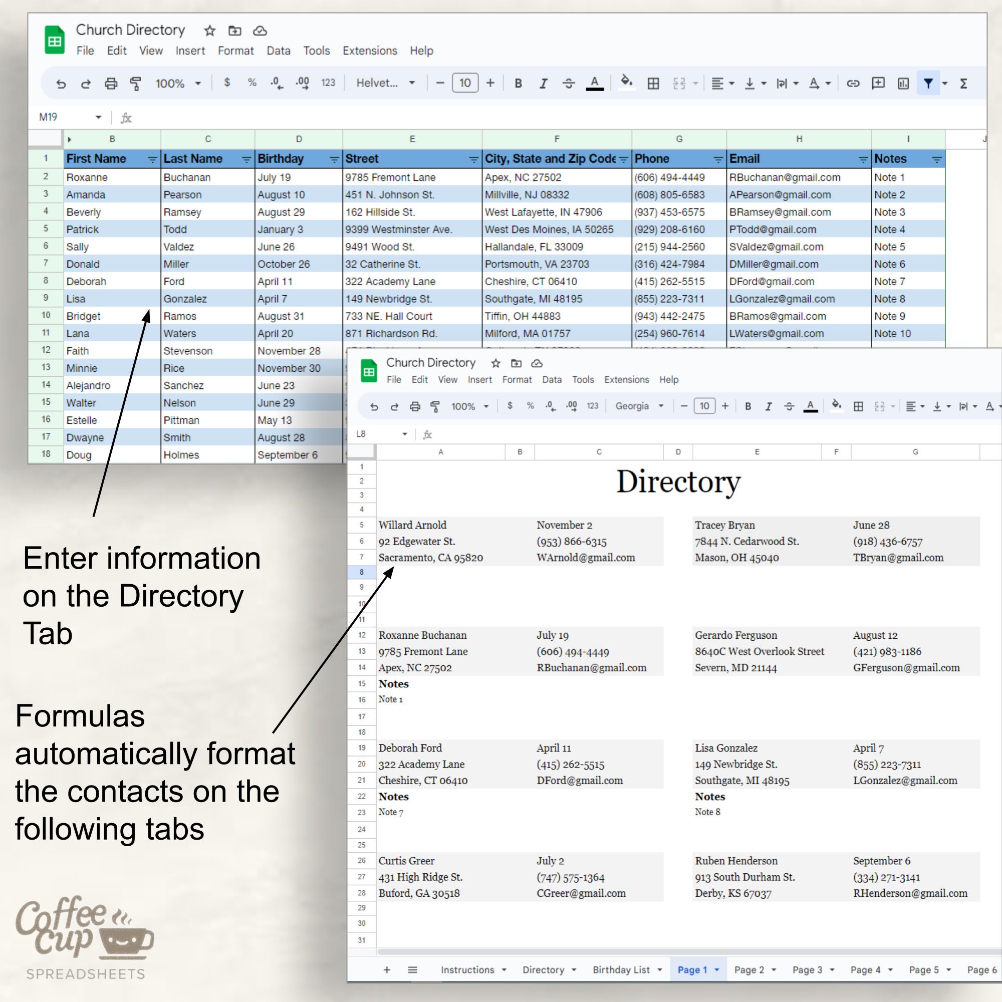 Church Directory Google Sheet - With Birthdays - Etsy