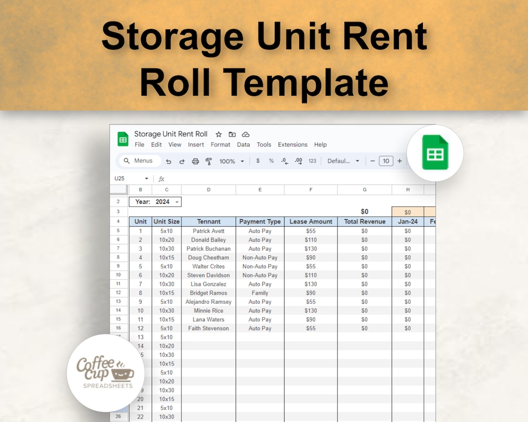 Self Storage Unit Rent Roll Google Sheet Template | Monthly Collections Tracker for Storage Unit ...