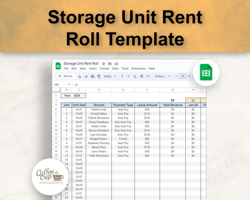 Self Storage Unit Rent Roll: Monthly/annual Tracker Google Sheets ...