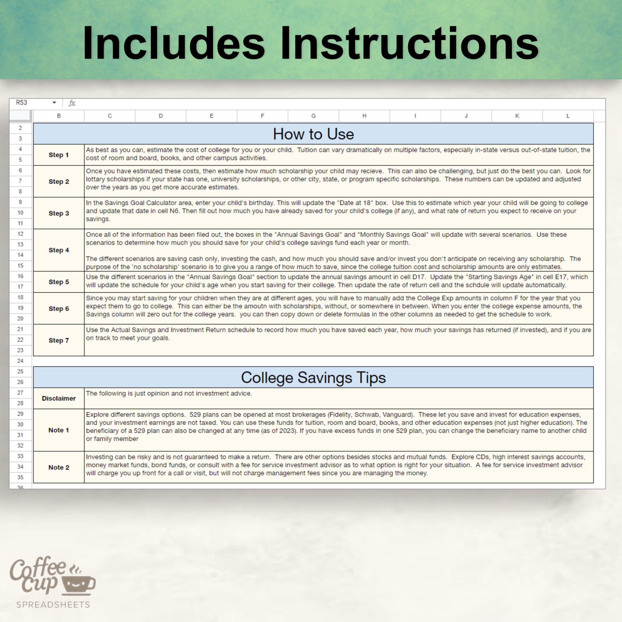 College Savings Tracker: 529 Plan Budget (google Sheet & Excel Template ...