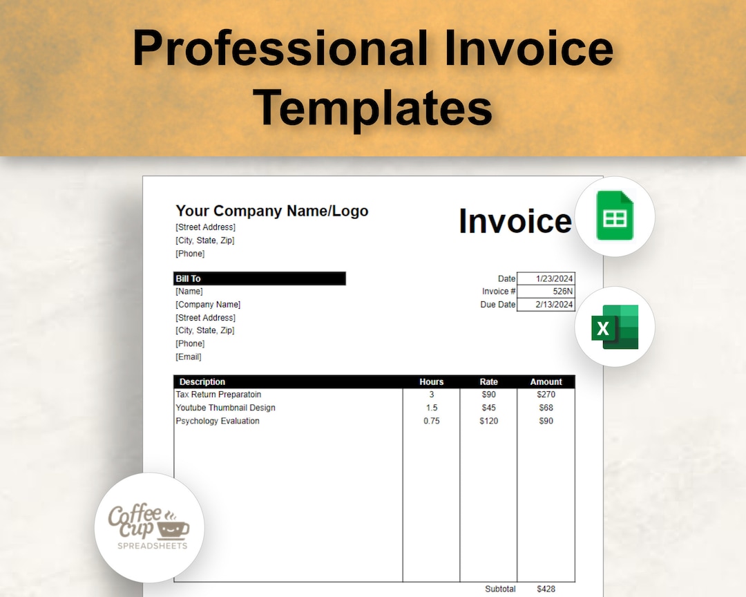 Invoice Template Google Sheet and Excel | Multi-version Professional ...