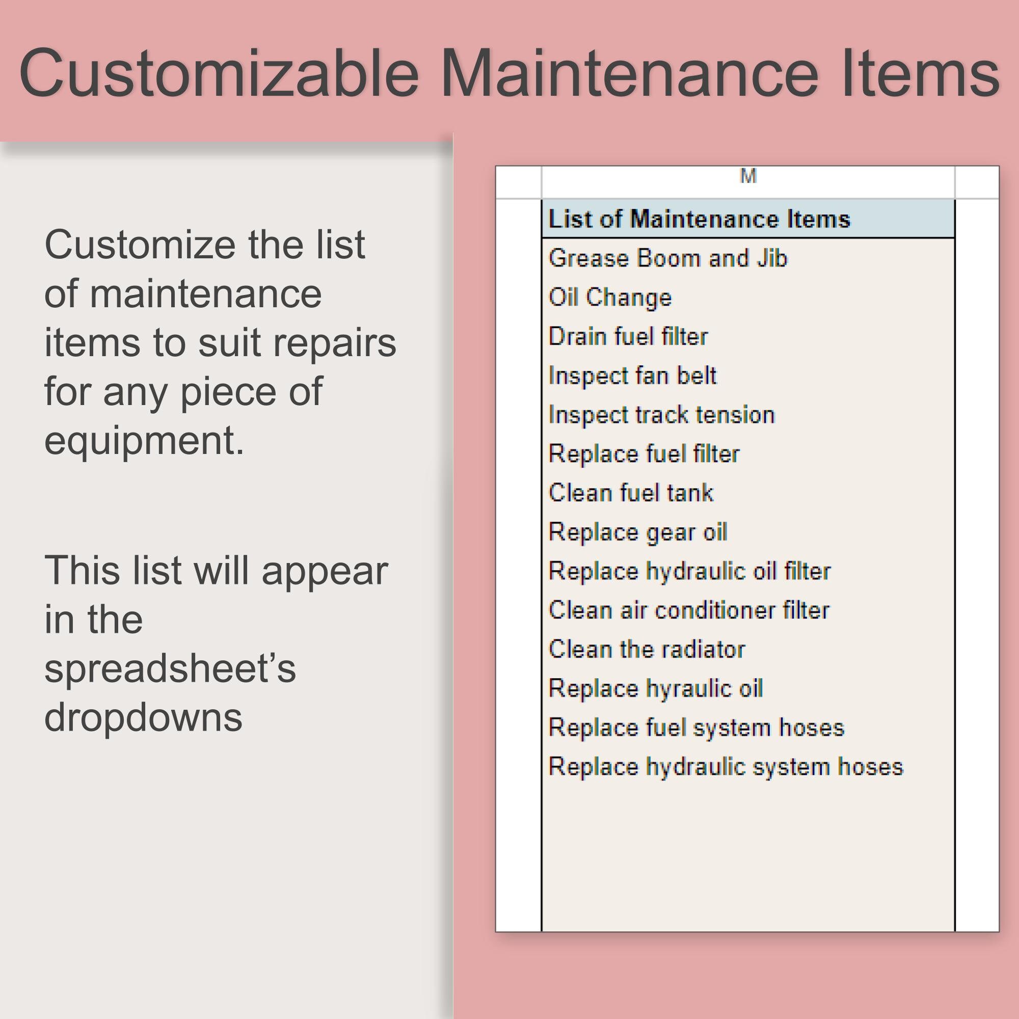 Equipment Maintenance Tracker Excel and Google Sheet - Etsy