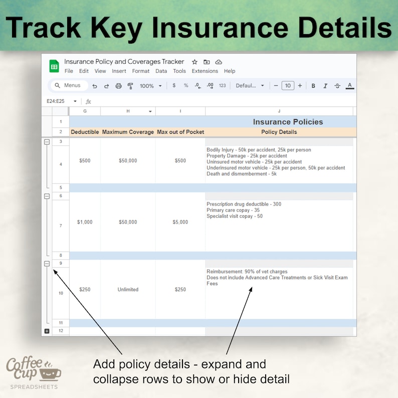 Insurance Policy and Coverage Tracker Excel and Google Sheet - Etsy