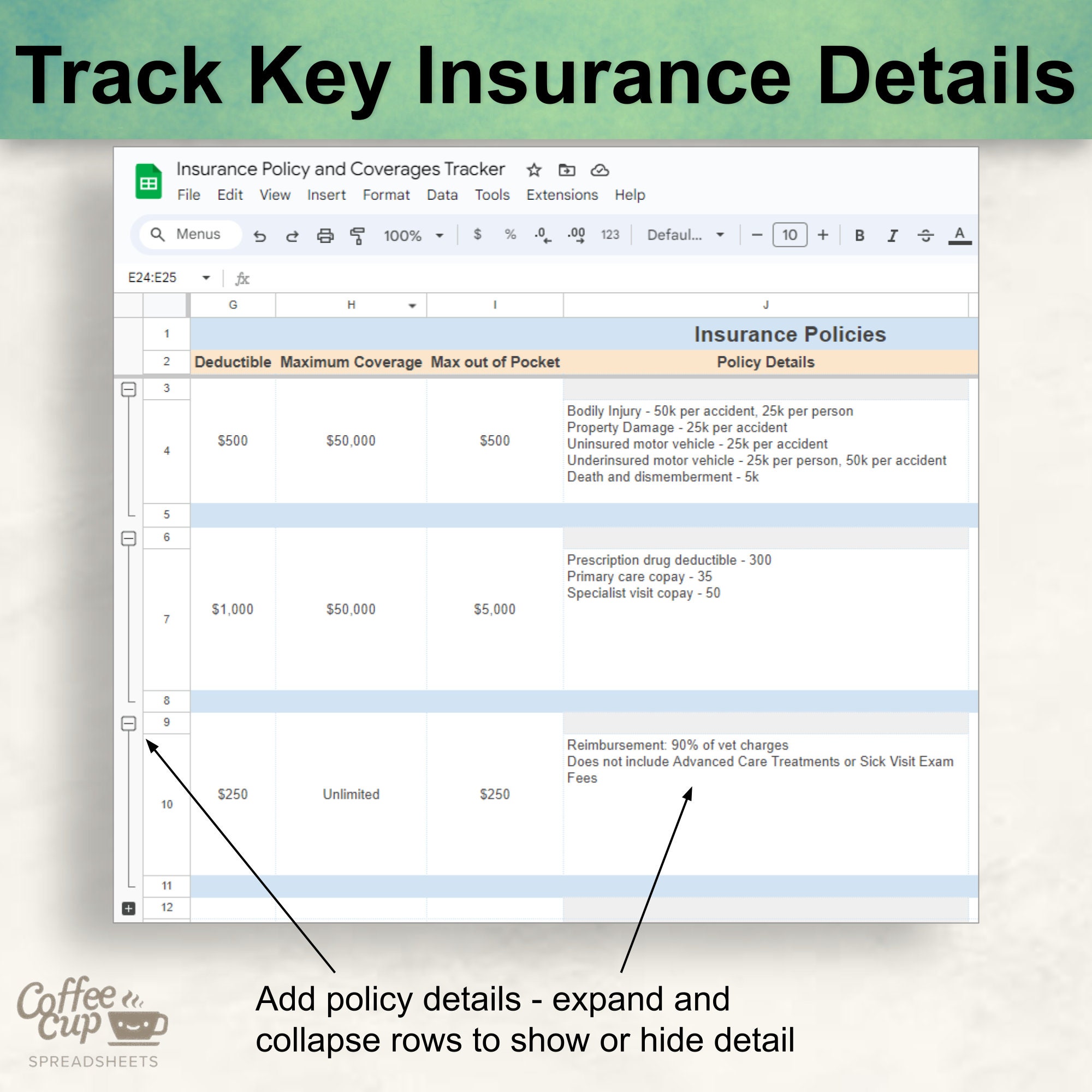 Insurance Policy and Coverage Tracker Excel and Google Sheet - Etsy