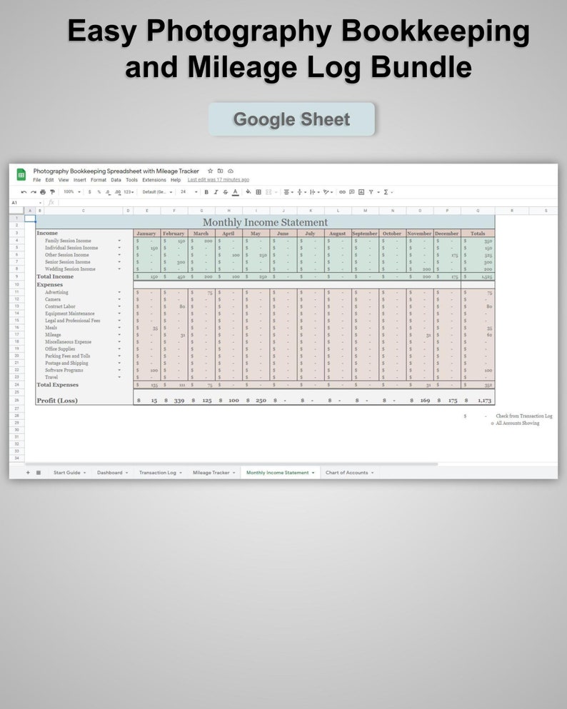 Photography Expense Tracker | Business Income Statement Google Sheet ...
