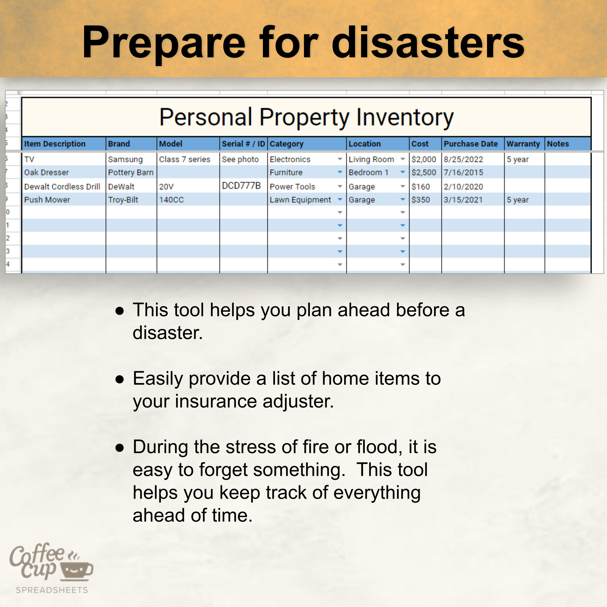 Personal Property Inventory List: Google Sheets & Excel Home Inventory ...