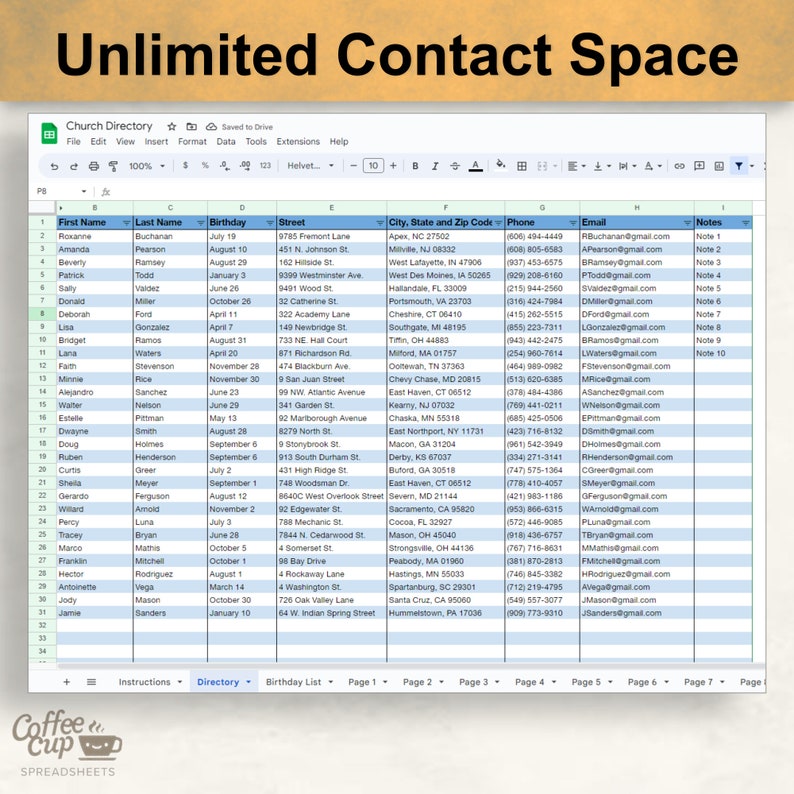 Church Directory Google Sheet - With Birthdays - Etsy