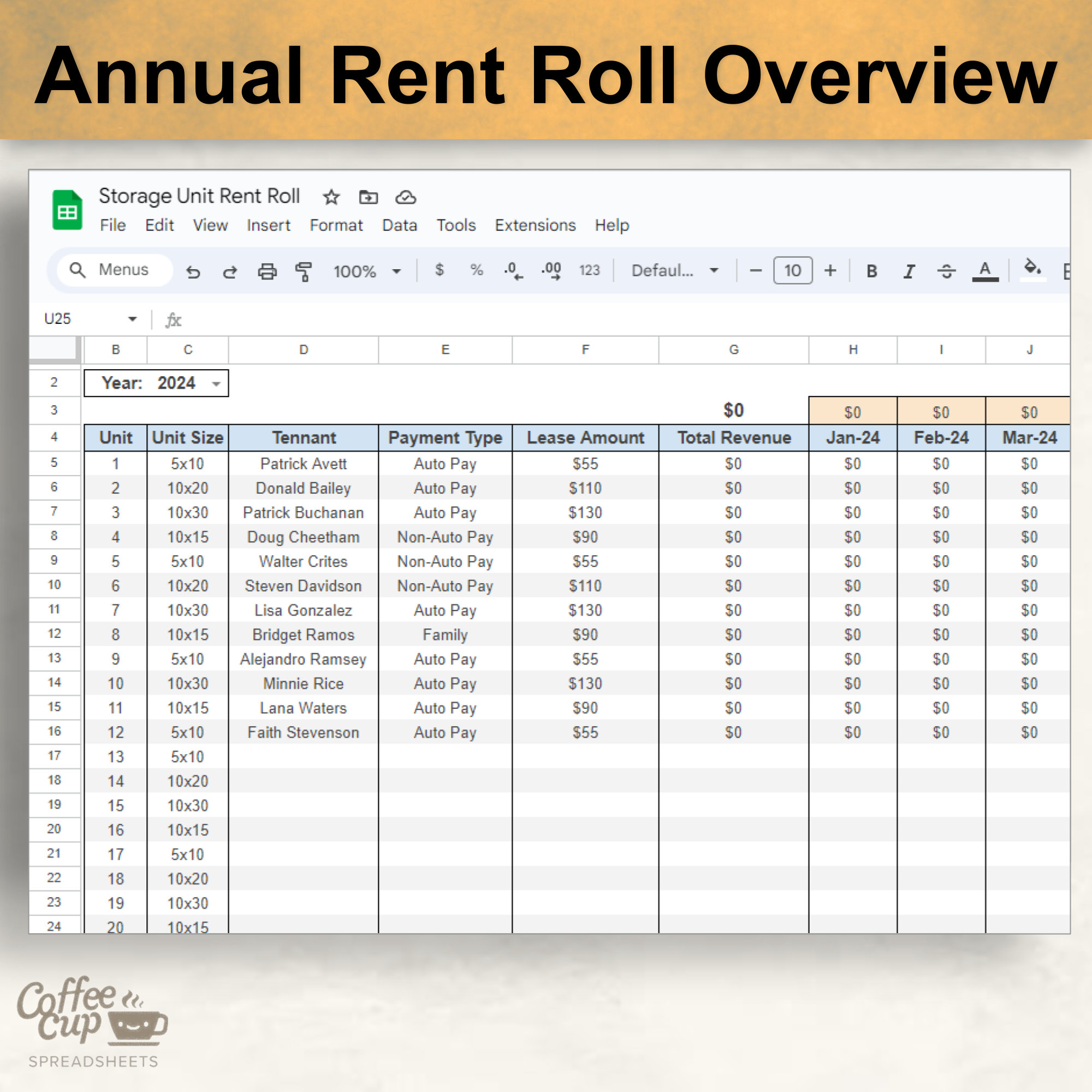 Self Storage Unit Rent Roll: Monthly/annual Tracker Google Sheets ...