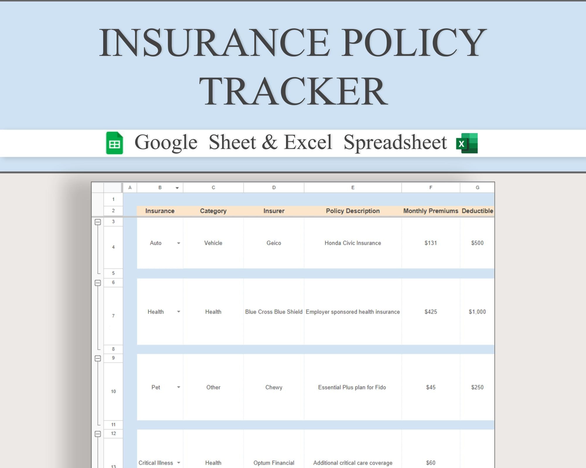 Insurance Policy and Coverage Tracker Excel and Google Sheet - Etsy