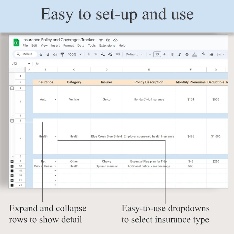 Insurance Policy and Coverage Tracker Excel and Google Sheet - Etsy