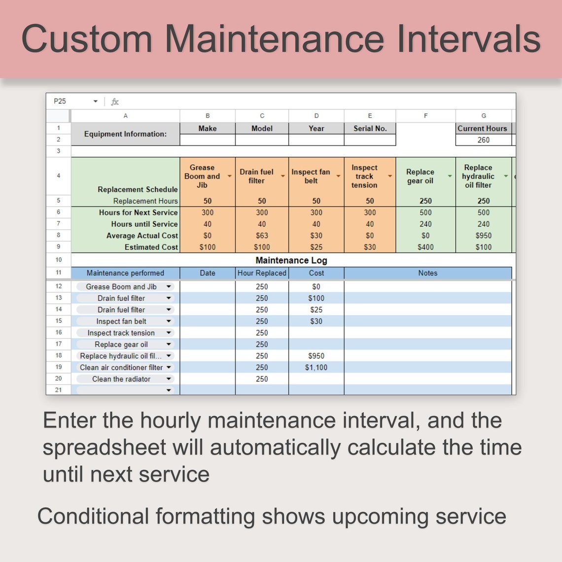 Equipment Maintenance Tracker Excel and Google Sheet - Etsy