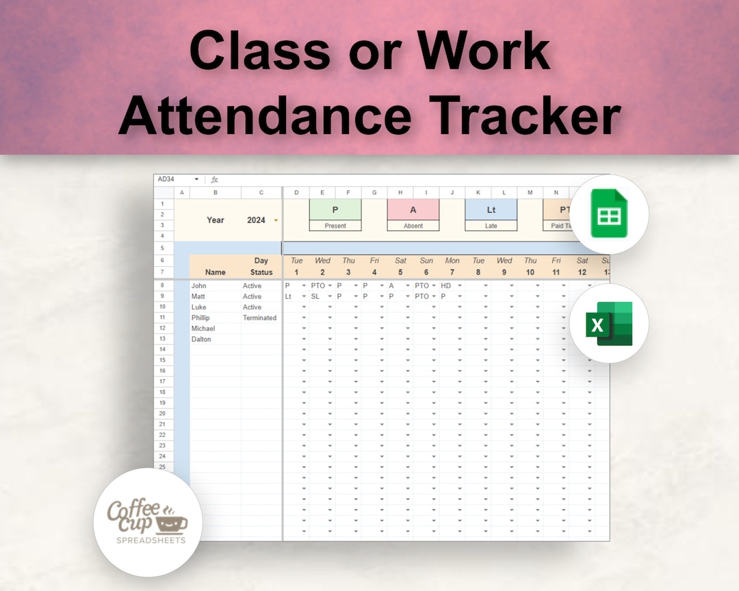 Employee or Class Attendance and Absence Tracker Google Sheet and Excel ...
