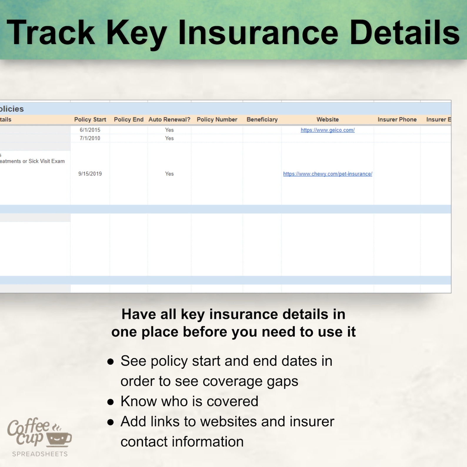 Insurance Policy and Coverage Tracker Excel and Google Sheet - Etsy