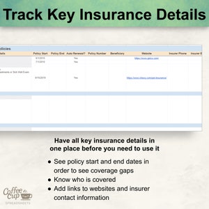 Insurance Policy and Coverage Tracker Excel and Google Sheet - Etsy