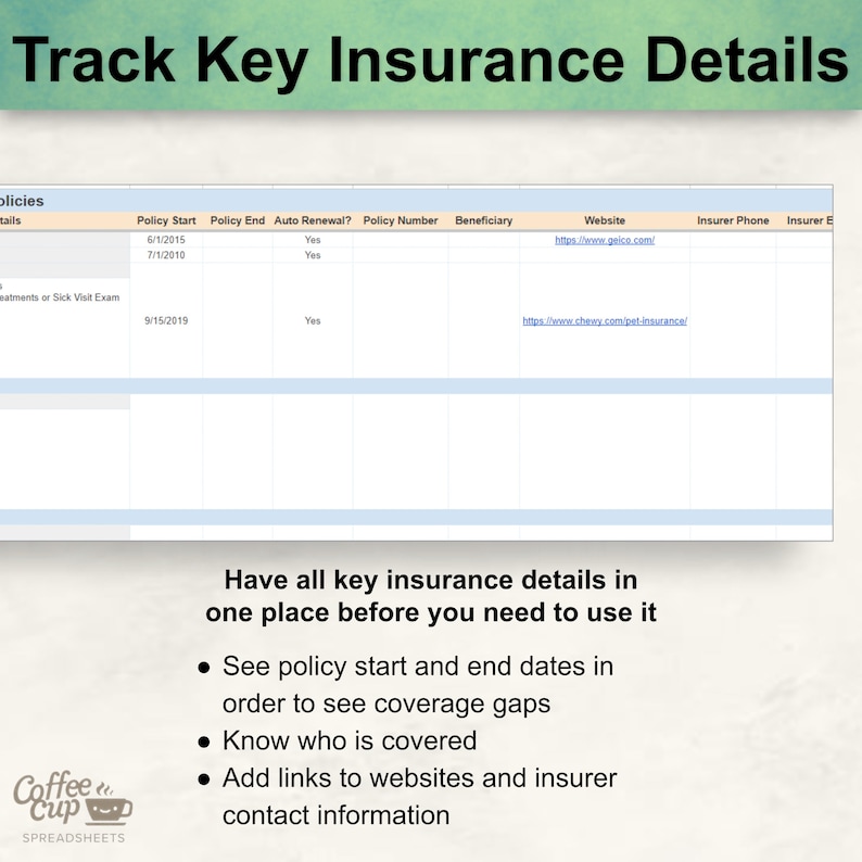 Insurance Policy and Coverage Tracker Excel and Google Sheet - Etsy