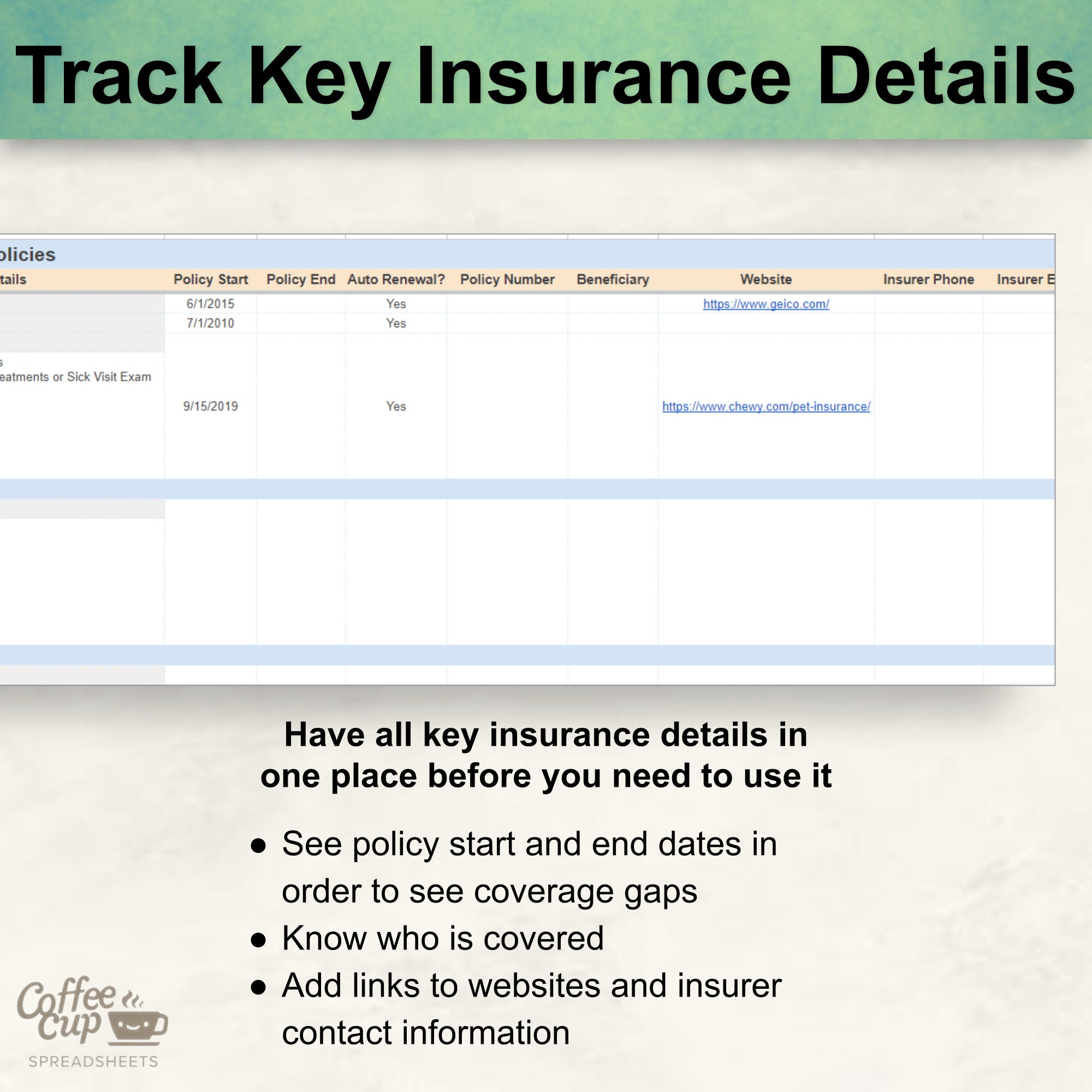 Insurance Policy and Coverage Tracker Excel and Google Sheet - Etsy