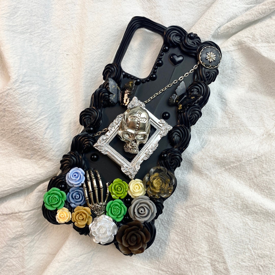 Skull Roses Goth Decoden Phone Case Black Gothic Fake Cream Phone Case ...