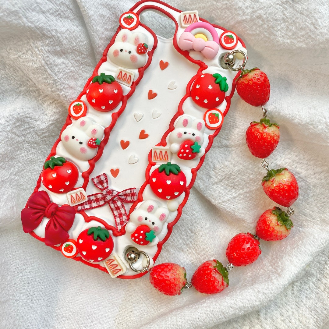 Cute Strawberry Bunny and Bear Decoden Phone Case With Chain for All ...