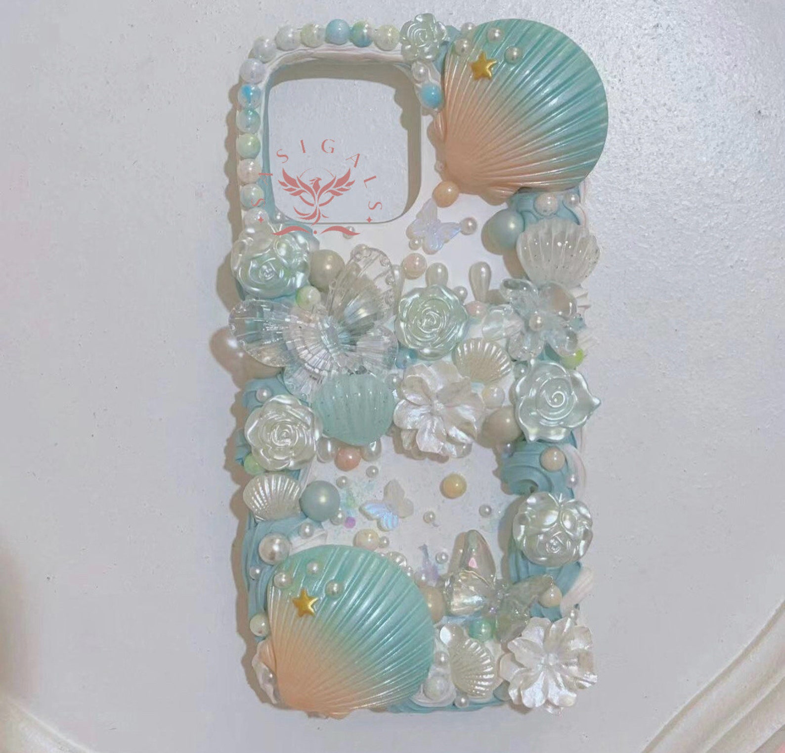 SASIGALS Mint Green Ocean Theme Shells Flowers Decoden Phone Case for ...