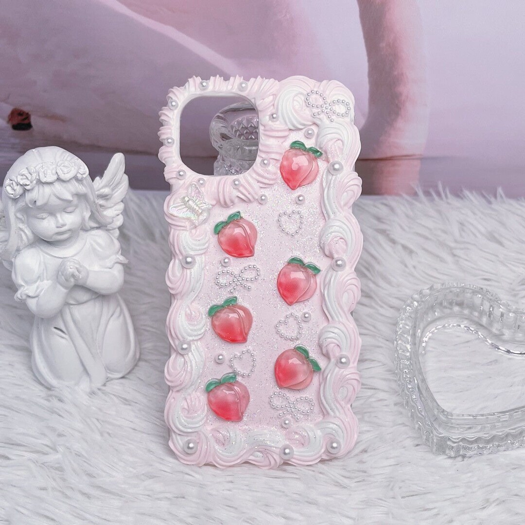 Cute Pink Peaches Decoden Phone Case - Etsy