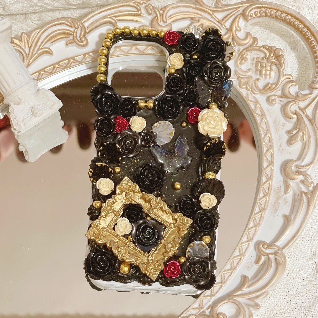 Golden Frame Black Rose Baroque Style Decoden Phone Case for - Etsy