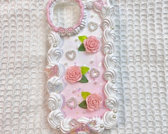 Baby Pink Heart Decoden Phone Case for All Brand, Light Pink Roses ...