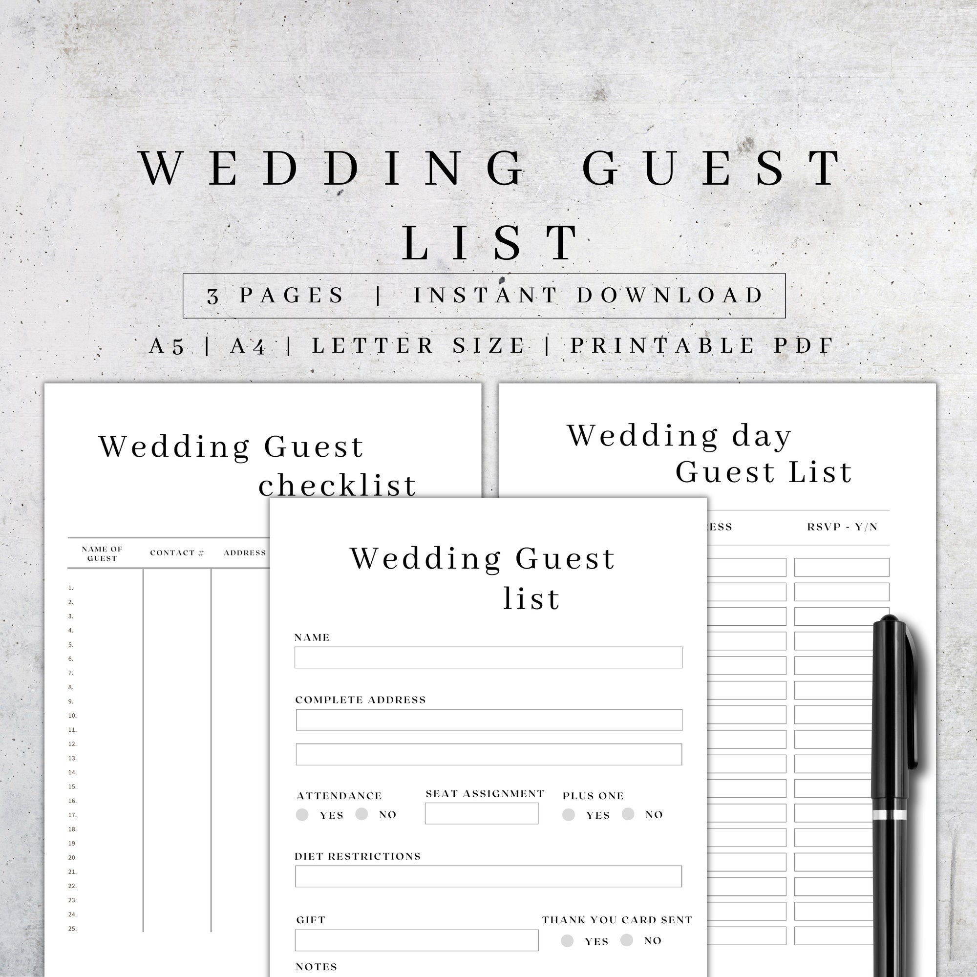 Wedding Guest List Printable Digital Guest Book Pages - Etsy